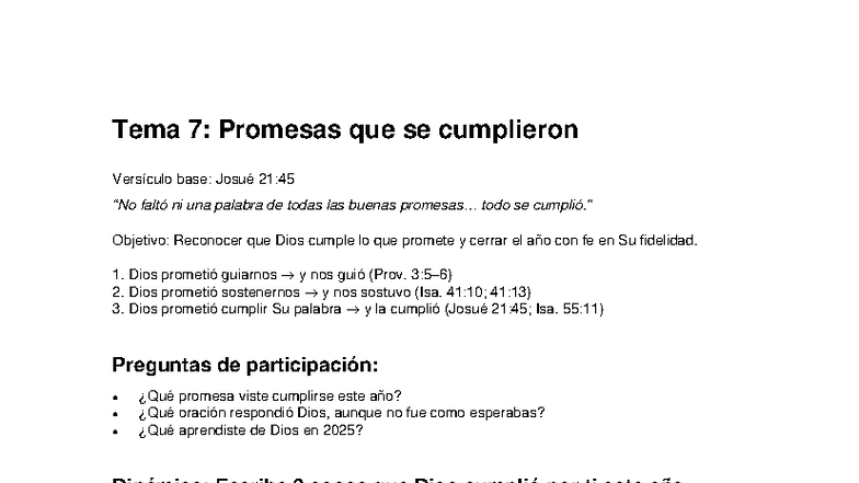 Tema 7: Promesas Cumplidas y la Fidelidad de Dios - Studocu