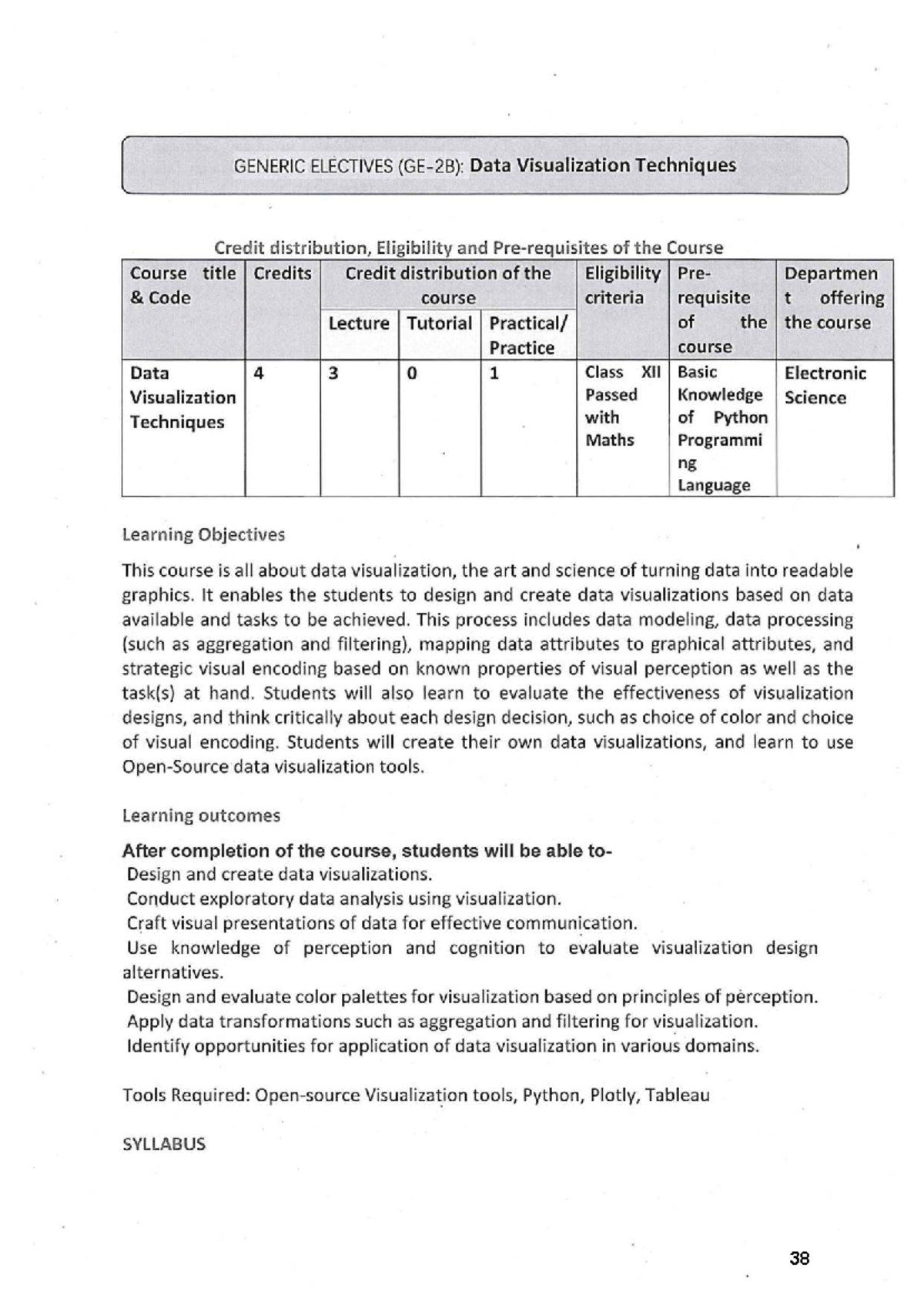 Syllabus for Course CSE 101: Data Visualization Techniques - Studocu