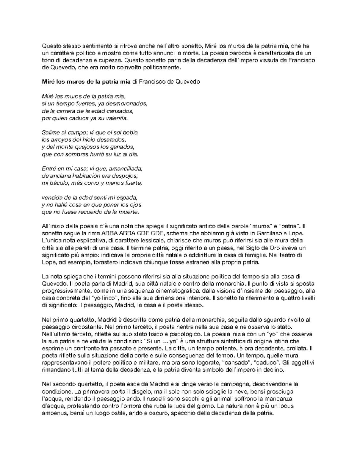 Analisi del sonetto "Miré los muros de la patria mía" di Quevedo ...