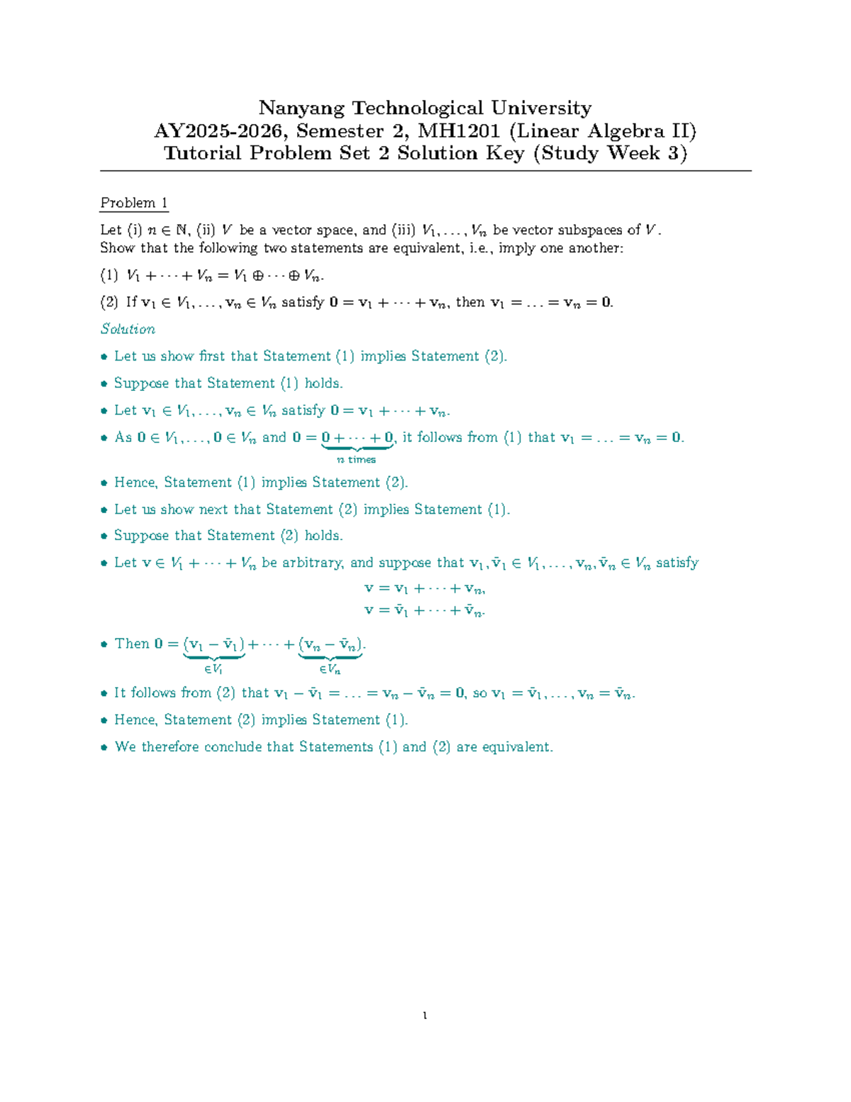 MH1201 Linear Algebra II Tutorial Problem Set 2 Solution Key - Studocu