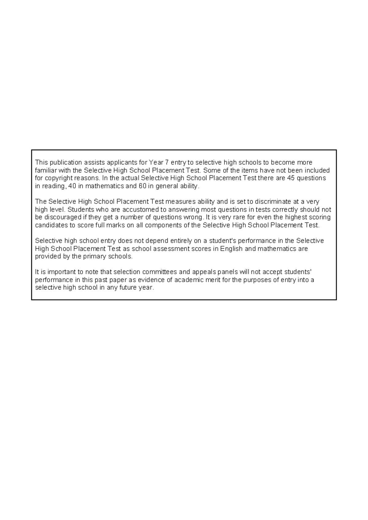 Selective High School Placement Test General Ability Sample Test 4 ...