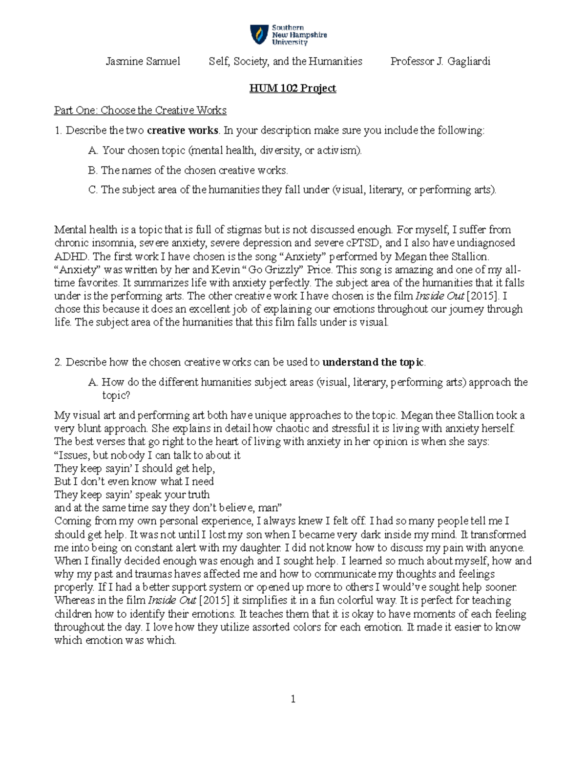 HUM 102 Project: Exploring Mental Health Through Creative Works - Studocu