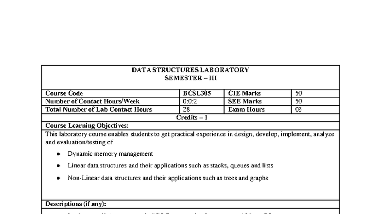 DATA STRUCTURES LABORATORY (BCSL305) - Practical Programming Guide - Studocu