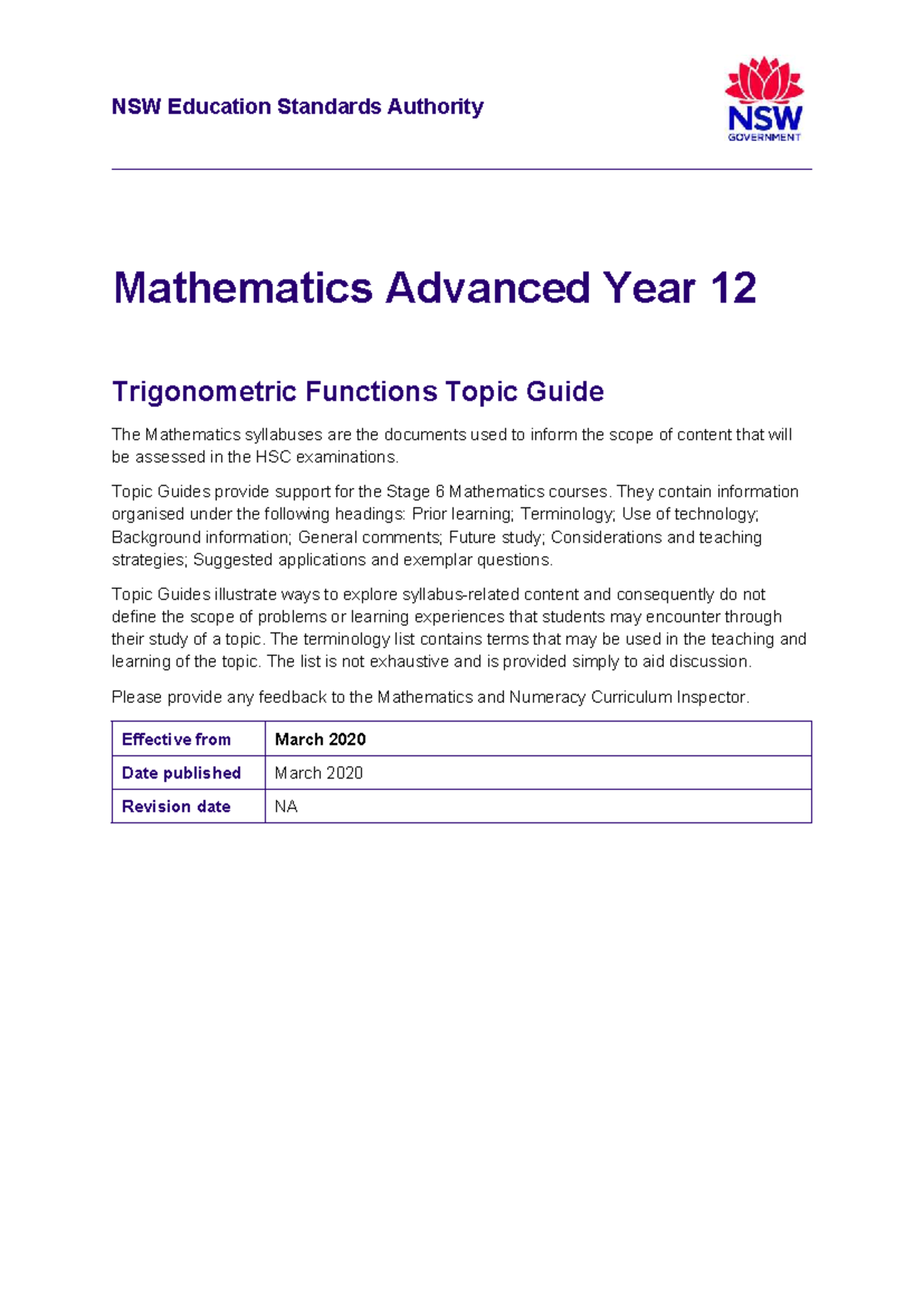 Mathematics Advanced Year 12 Topic Guide: Trigonometric Functions - Studocu