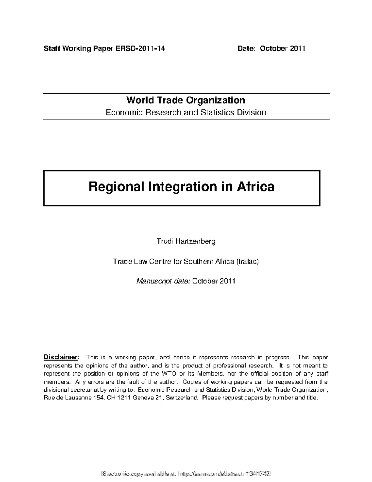 Regional Integration in Africa: Challenges and Opportunities (WTO ...
