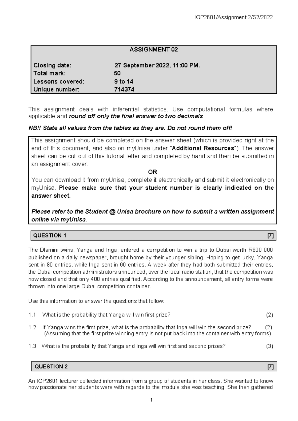 IOP2601 Assignment 02: Inferential Statistics Assessment - Sept 2022 ...