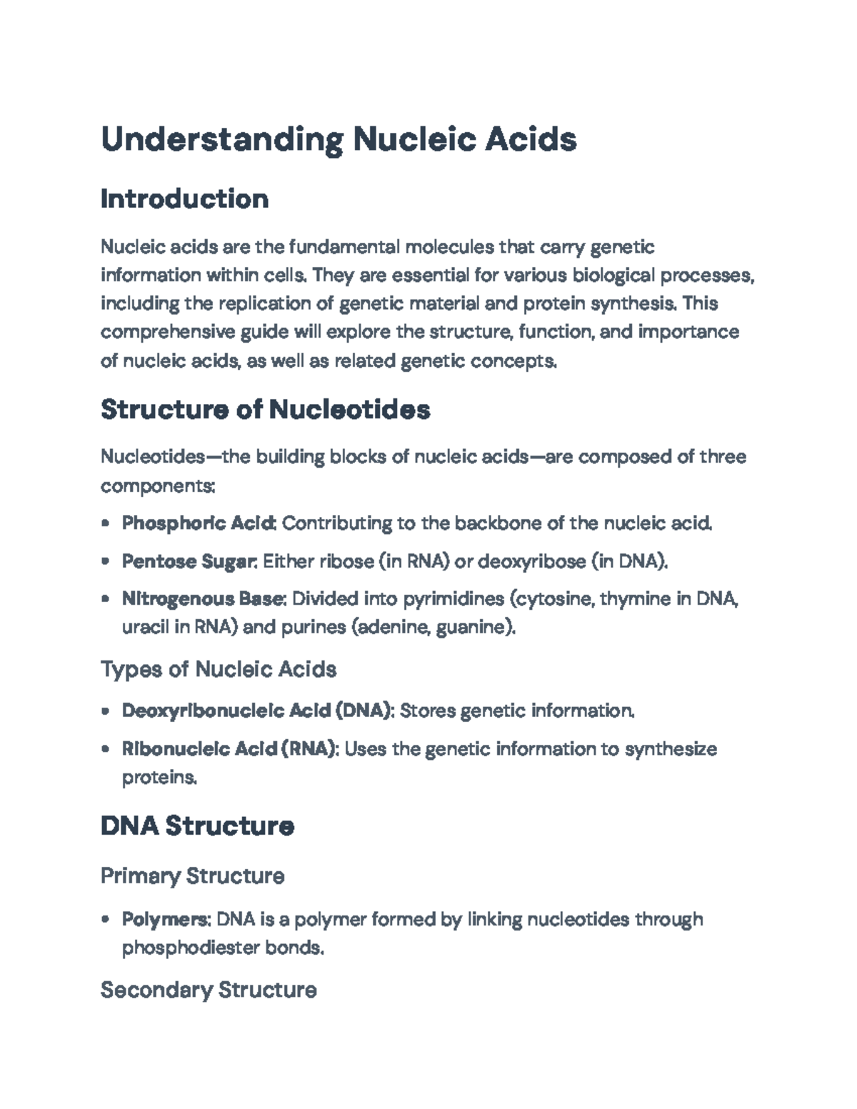 Nucleic Acids: Structure, Function & Genetic Roles - Intro to Bio - Studocu
