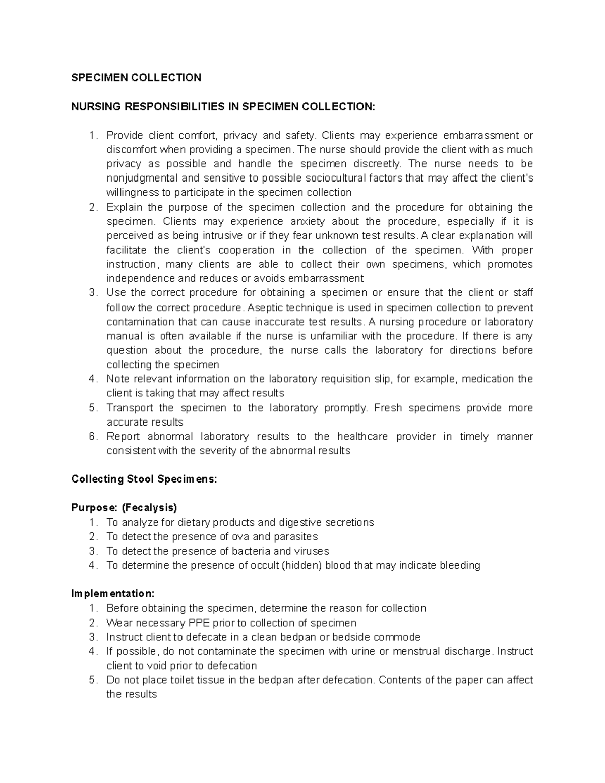 Specimen Collection - n/a - SPECIMEN COLLECTION NURSING ...