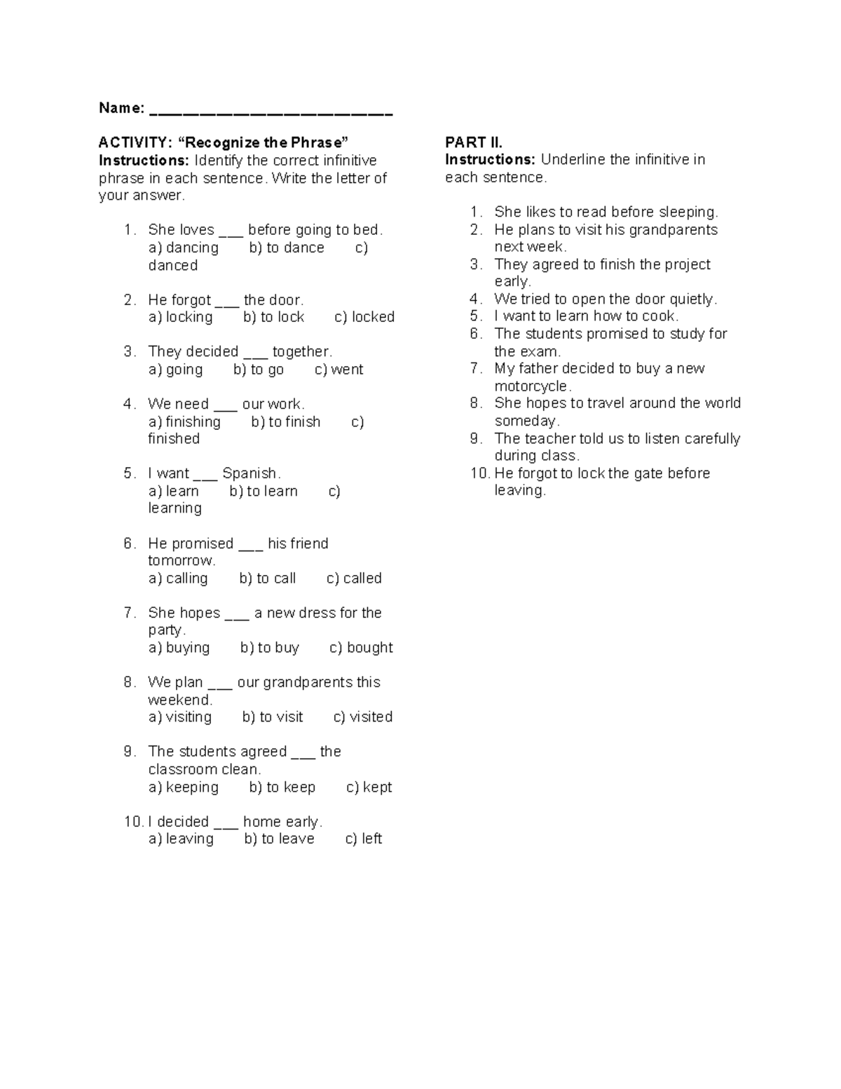 Quiz: Identifying Infinitive Phrases in Sentences (ACTIVITY) - Studocu