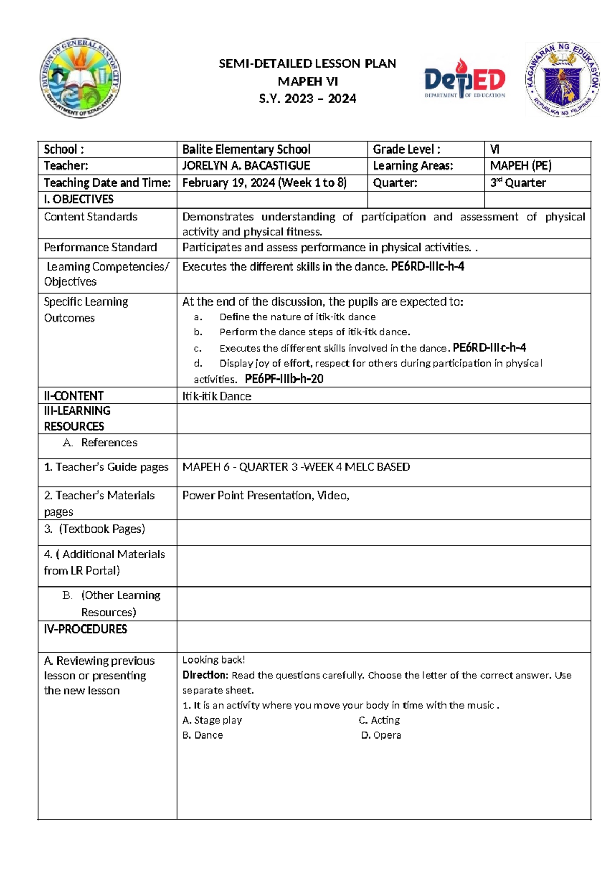 PE 6 - Lesson Plan for MAPEH VI (3rd Quarter) S.Y. 2023-2024 - Studocu