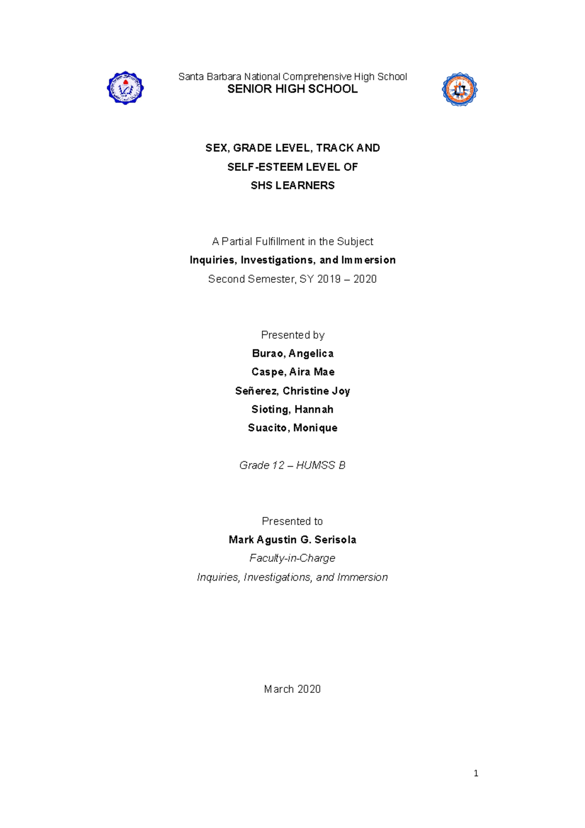 HUMSS Research Paper on Self-Esteem of SHS Learners: Sex & Grade Level ...