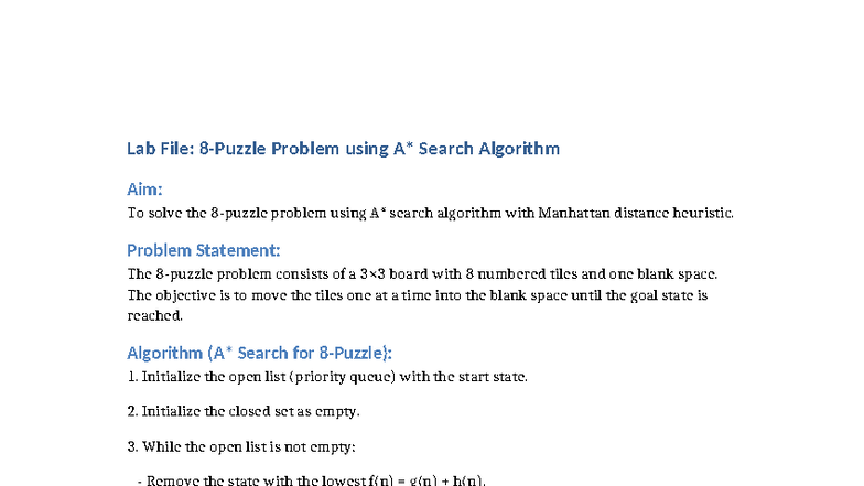 8-Puzzle A* Search Algorithm Lab Report - Studocu