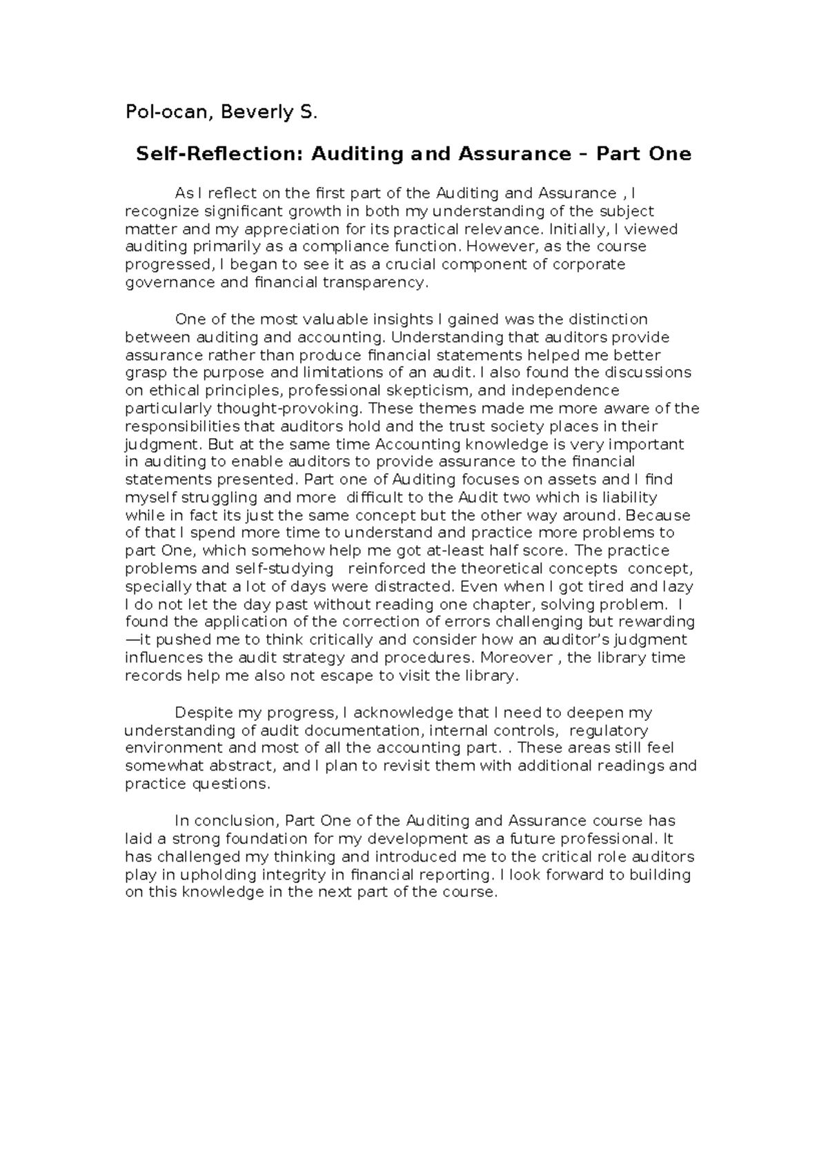 Auditing and Assurance Reflection: Insights from Part One (Audit-1 ...