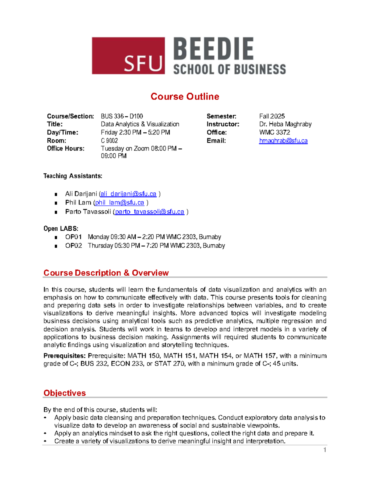 BUS 336 - Data Analytics Visualization Syllabus - Fall 2025 - Studocu