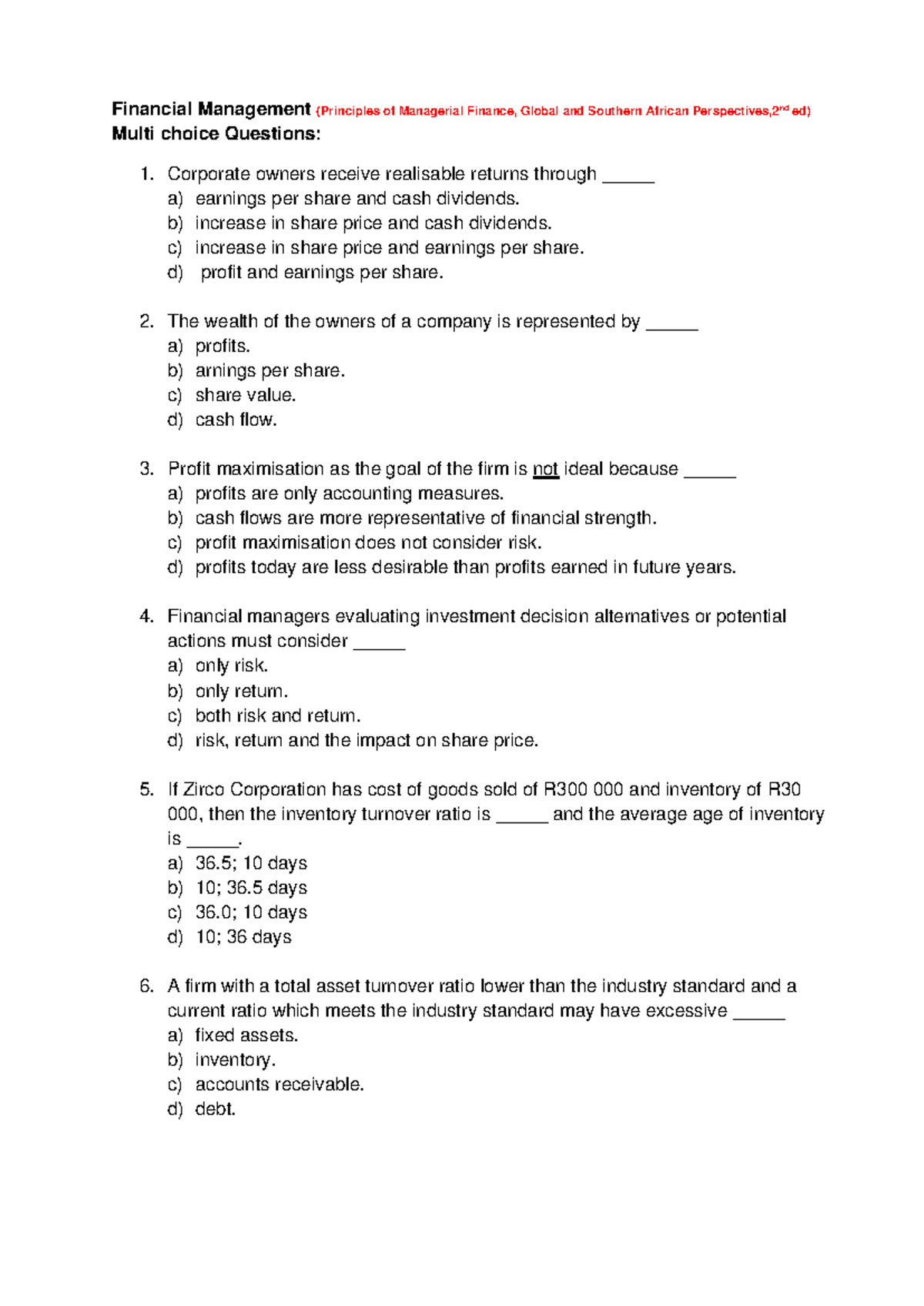 Financial Management (FIN 101) Multiple Choice Questions - Studocu
