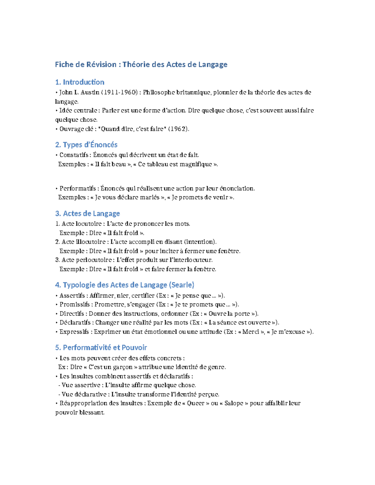 Fiche de Révision : Théorie des Actes de Langage (Cours 101) - Studocu