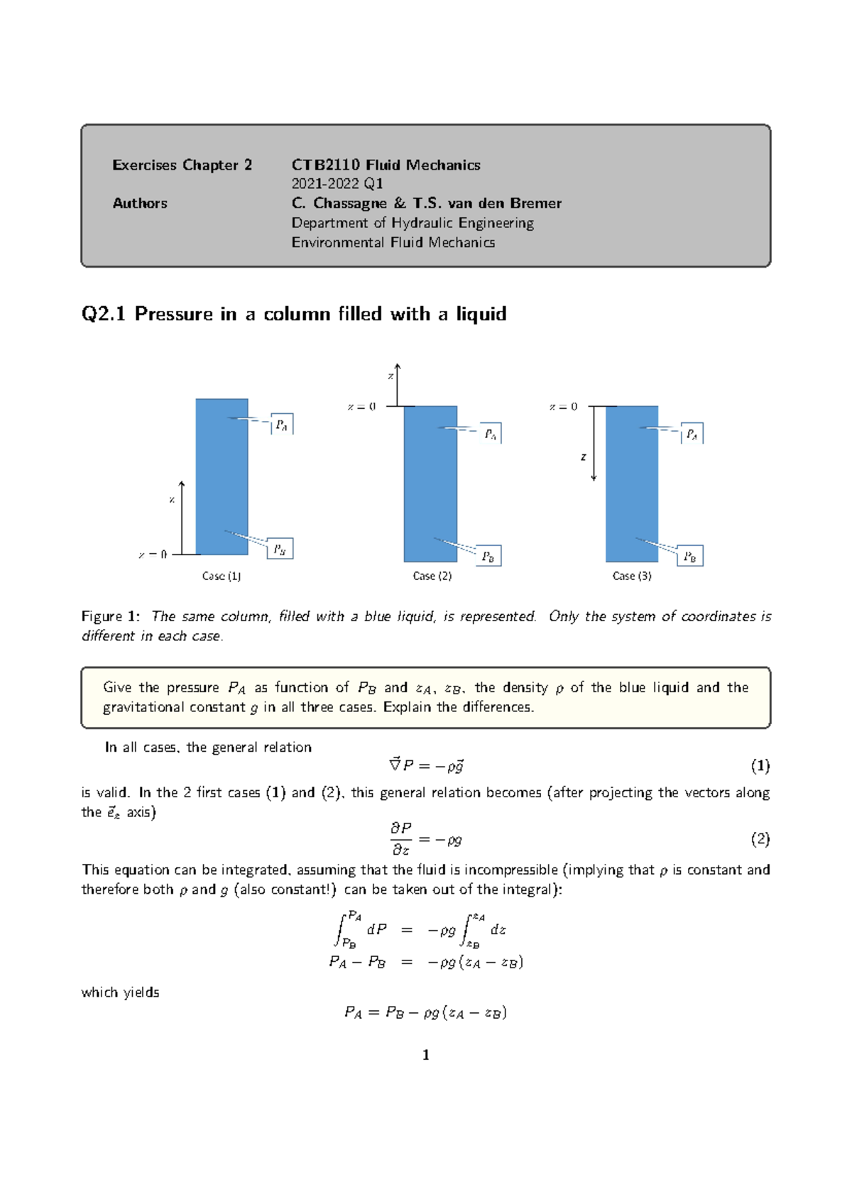 Fluid Mechanics Exercises Answers - CTB2110 Week 2 - Studeersnel