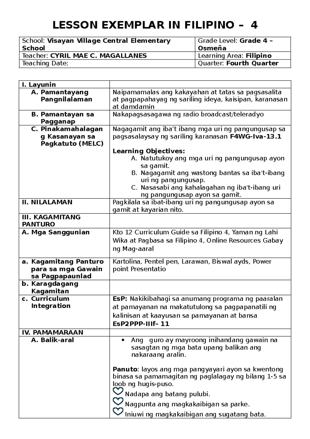 Filipino 4 Lesson Exemplar: Types of Sentences and Their Uses - Studocu