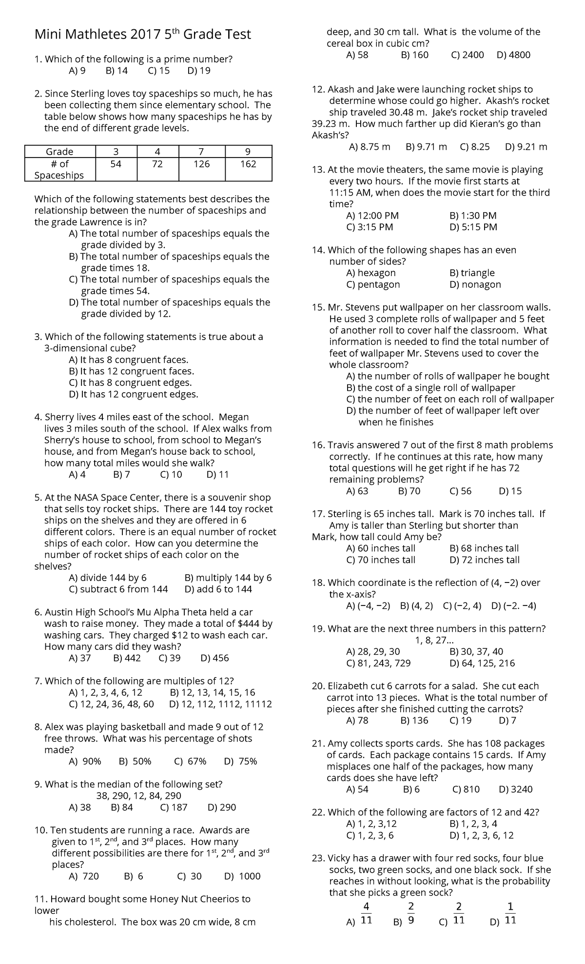 5th Grade Math Test 2017: Mini Mathletes Test 1 Answers - Studocu