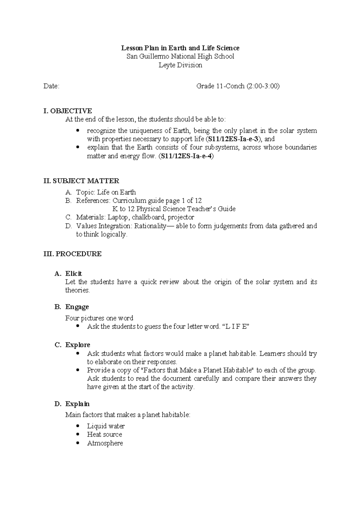 2019 0607 - Earth and Life Science Lesson Plan for Grade 11 - Studocu