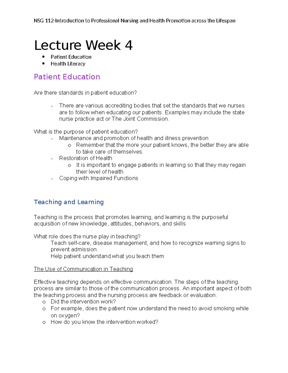NSG 112 - Lecture on Patient Education & Health Literacy Strategies ...