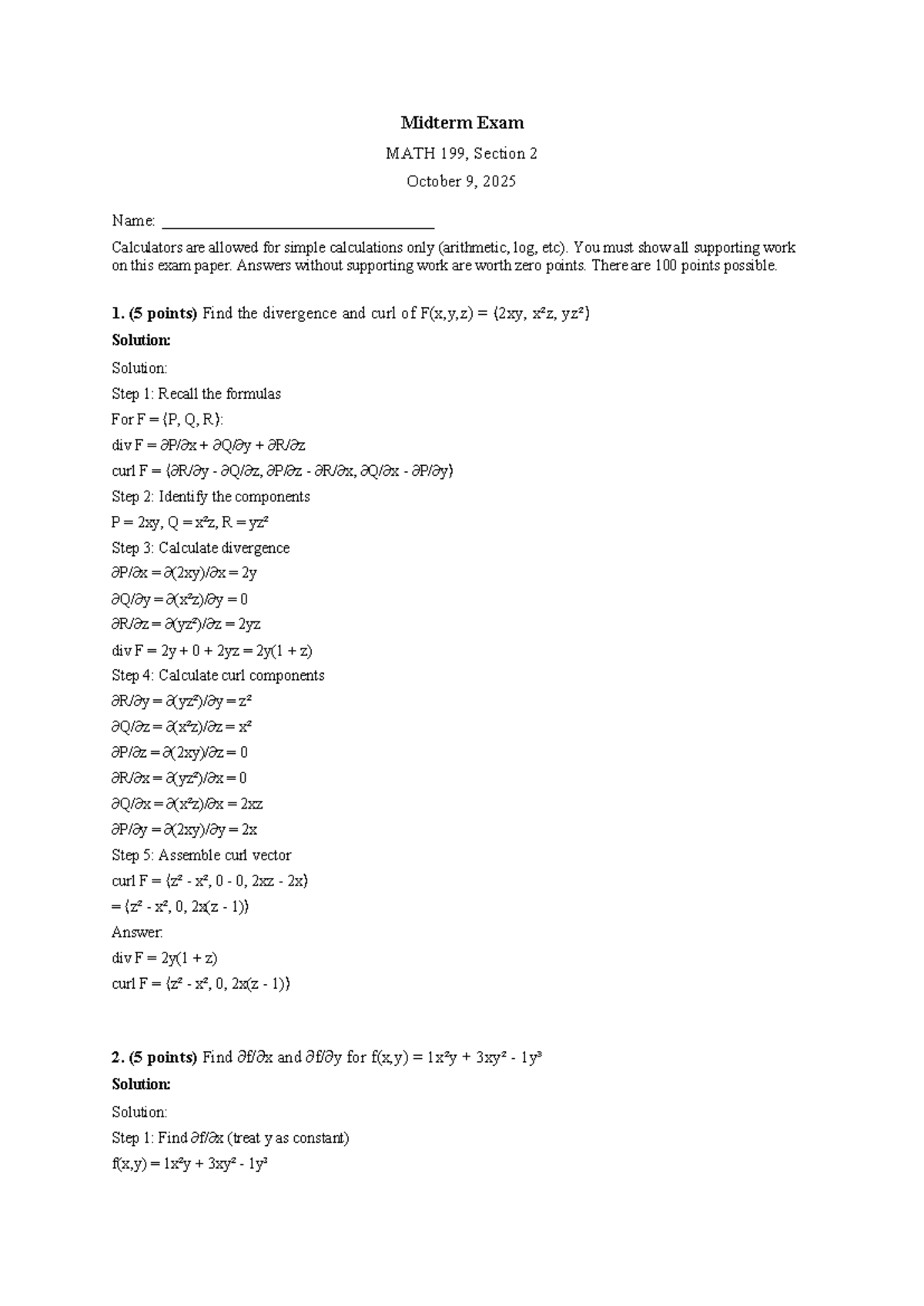 Midterm Exam Solutions for MATH 199, Section 2 - October 2025 - Studocu