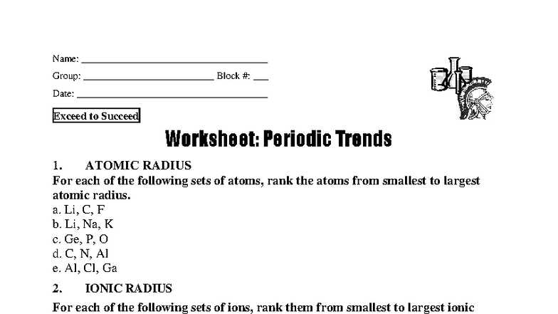 Periodic Trends Worksheet: Atomic & Ionic Radius, I.E ...