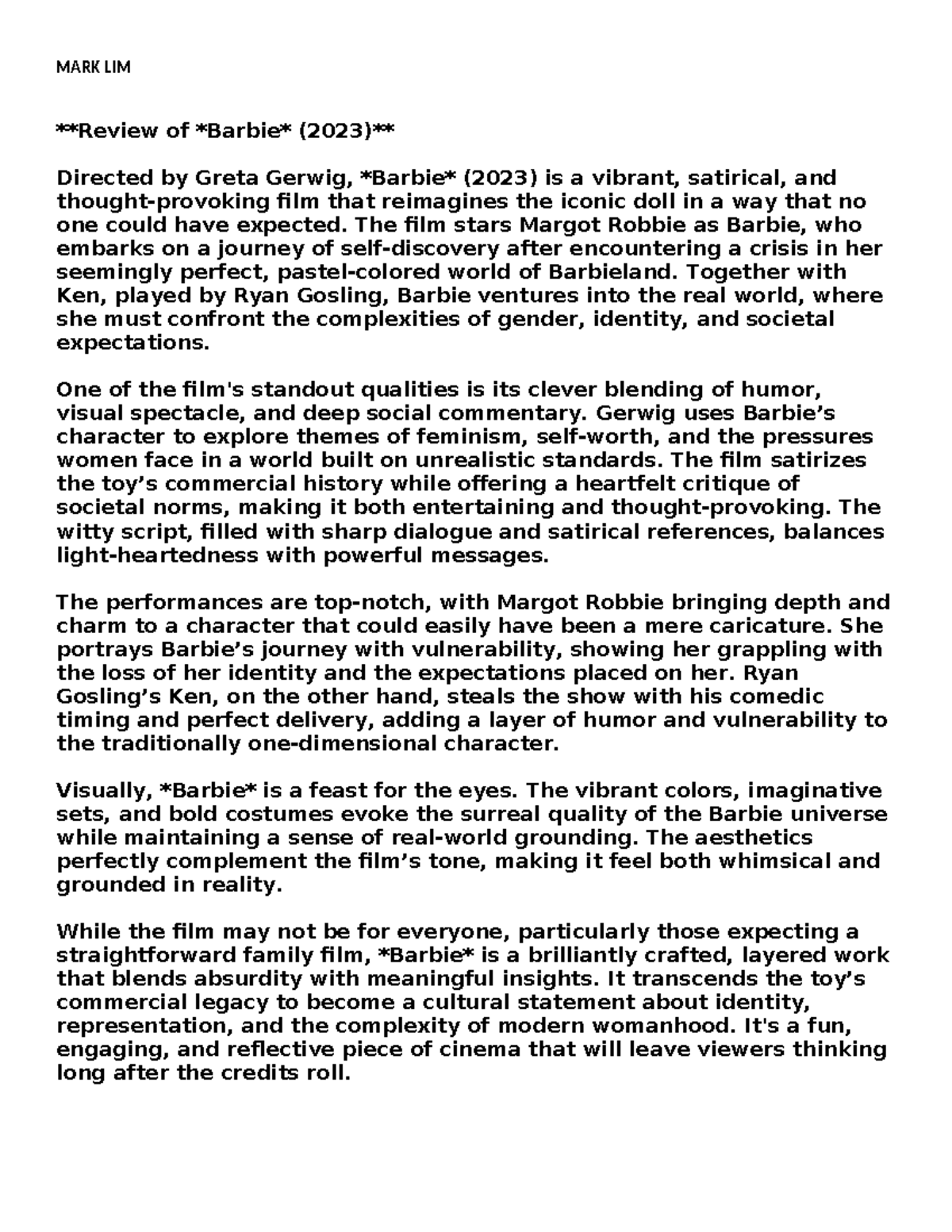 Movie Review - Barbie 2023 - MARK LIM Review of Barbie (2023) Directed ...