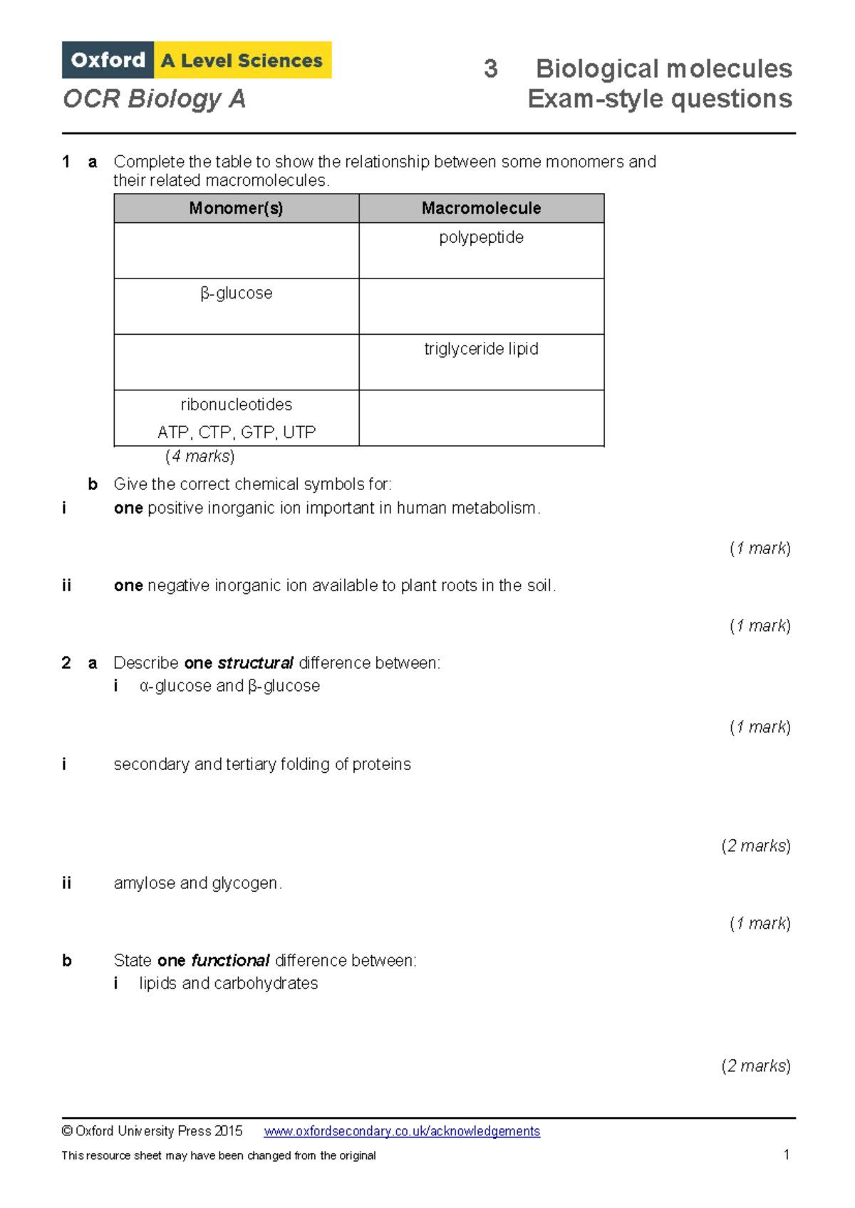 Biological Molecules Test - OCR Biology A Exam-style Questions - Studocu