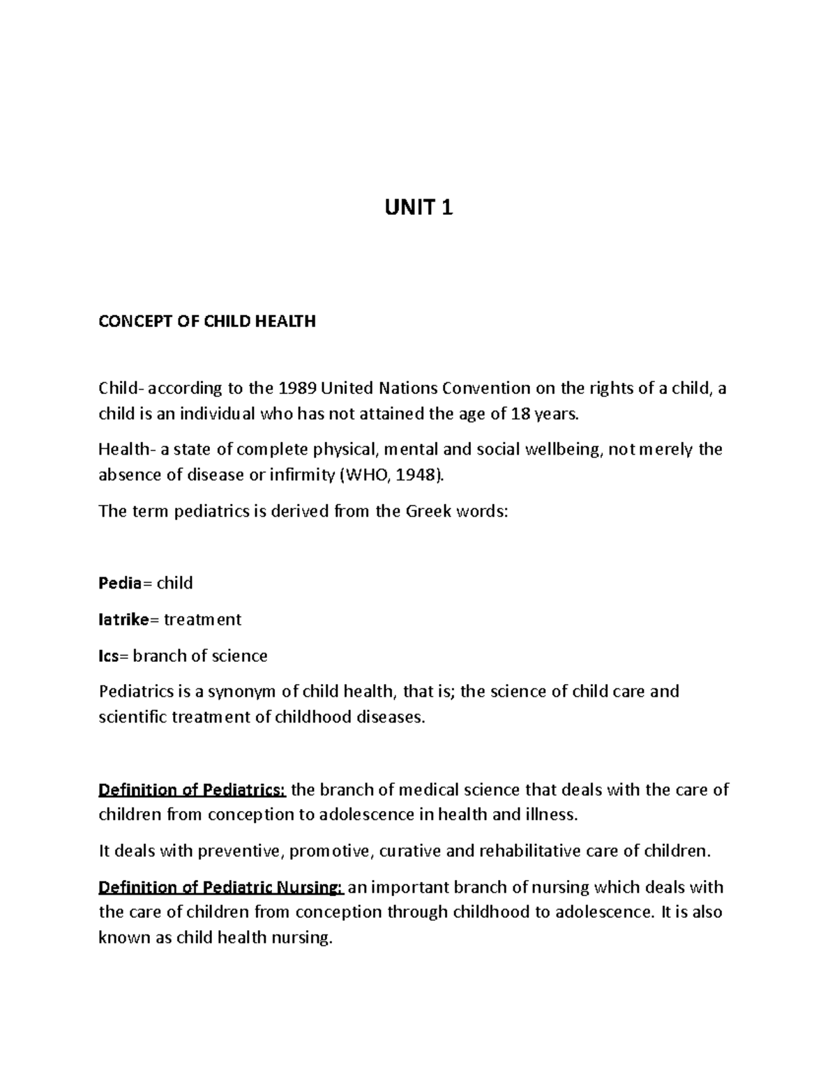 Child Health Nursing: Key Concepts and Trends - UNIT 1 - Studocu