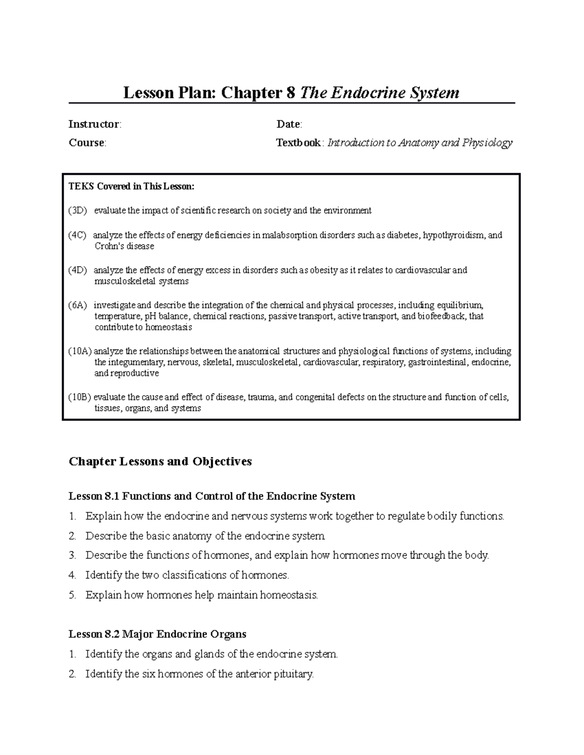 Ch08-ch08 lessonplan TX - Lesson Plan: Chapter 8 The Endocrine System ...