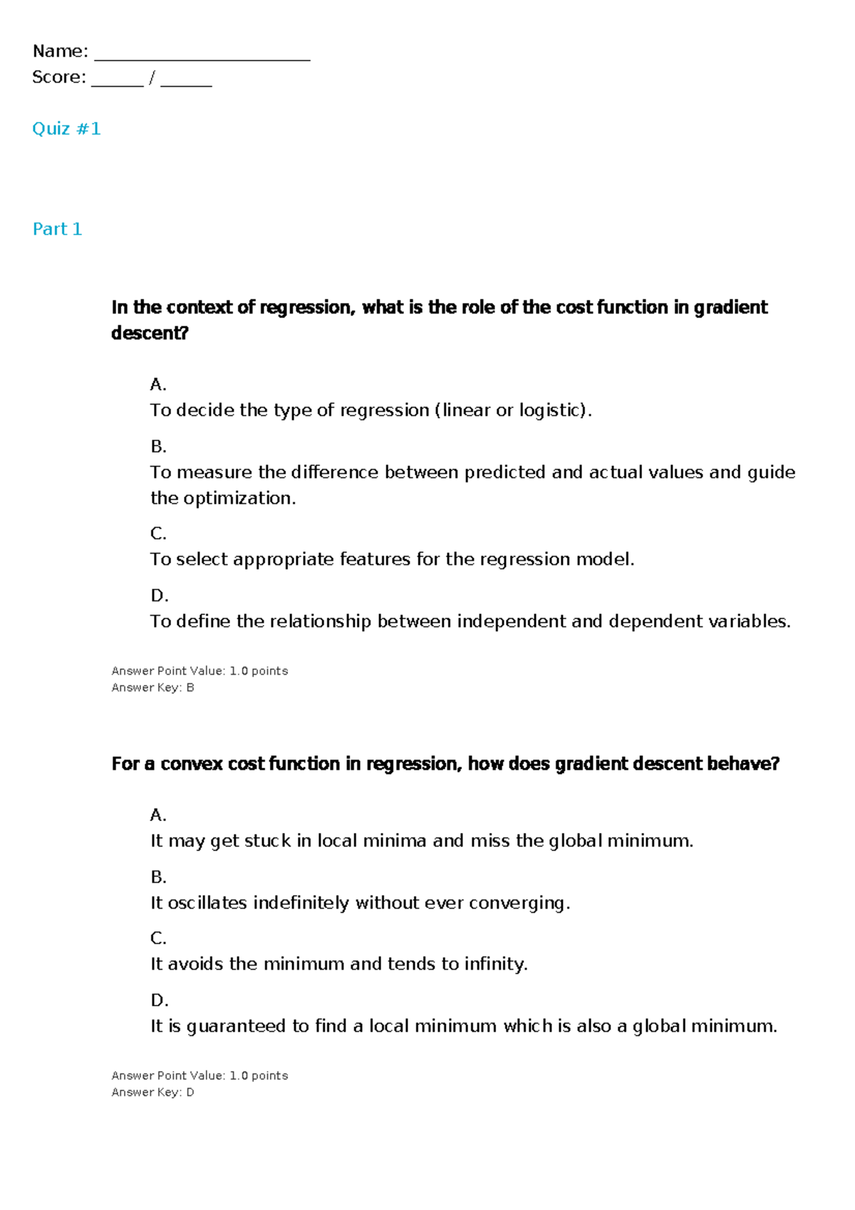 Quiz #1: Regression Concepts and Gradient Descent Analysis - Studocu
