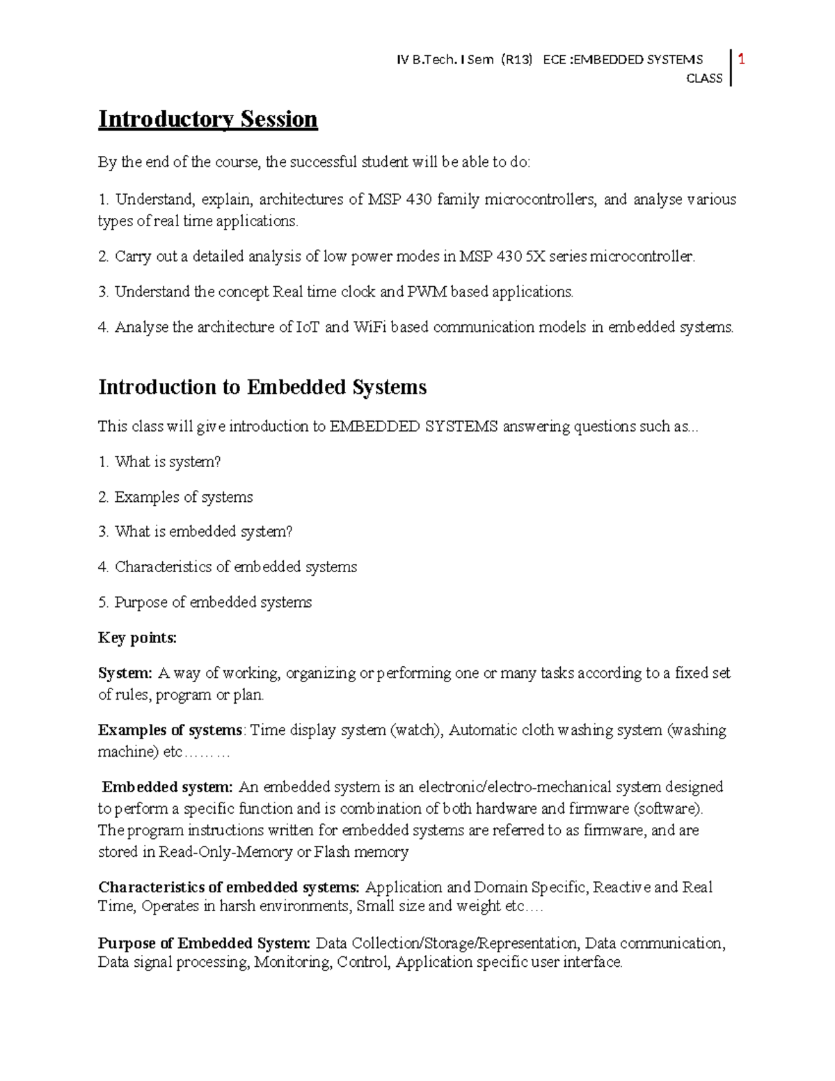 IV B.Tech. I Sem (R13) ECE: Embedded Systems Class Overview and Key ...