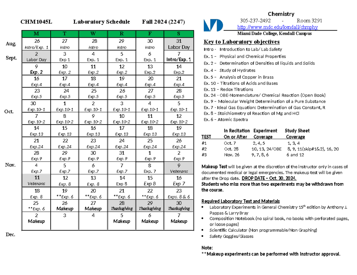 2024 CHM1045 L Schedule (Fall) - Aug. Sept. Oct. Nov. Dec. CHM1045L ...