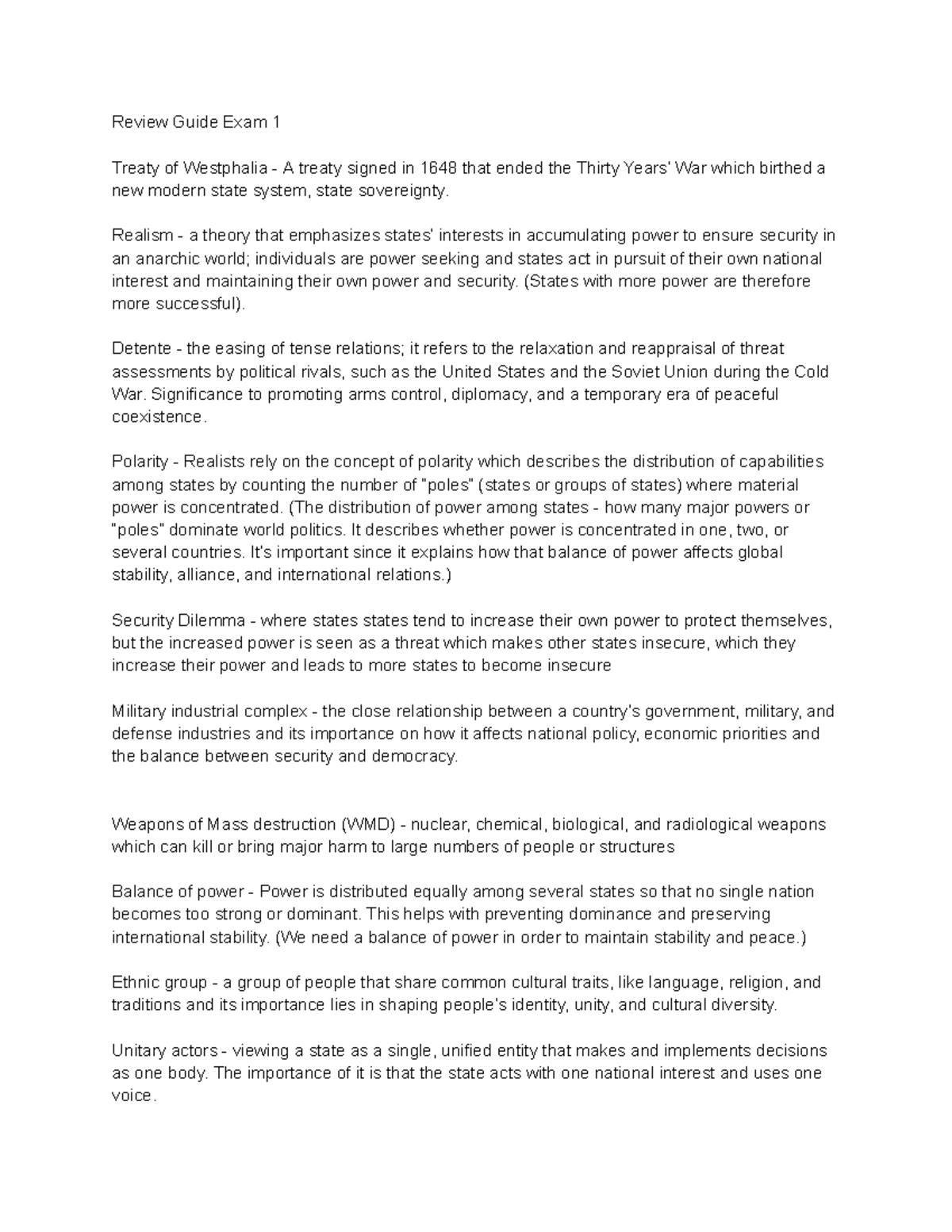 POLS 103 Study Guide: Key Concepts for Exam 1 on Westphalia and Realism ...