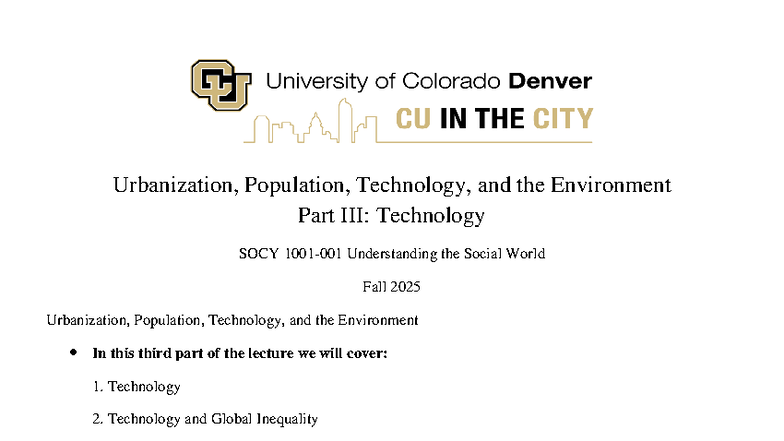 Urbanization, Population, Technology & Environment - SOCY 1001 Lecture ...