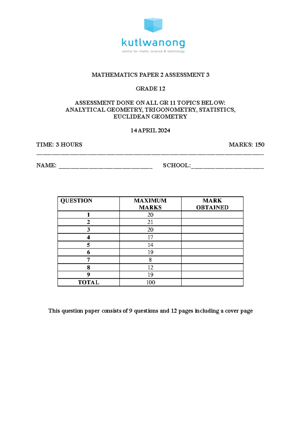 Grade 12 Mathematics Paper 2 Assessment 3 - All Topics Review - Studocu