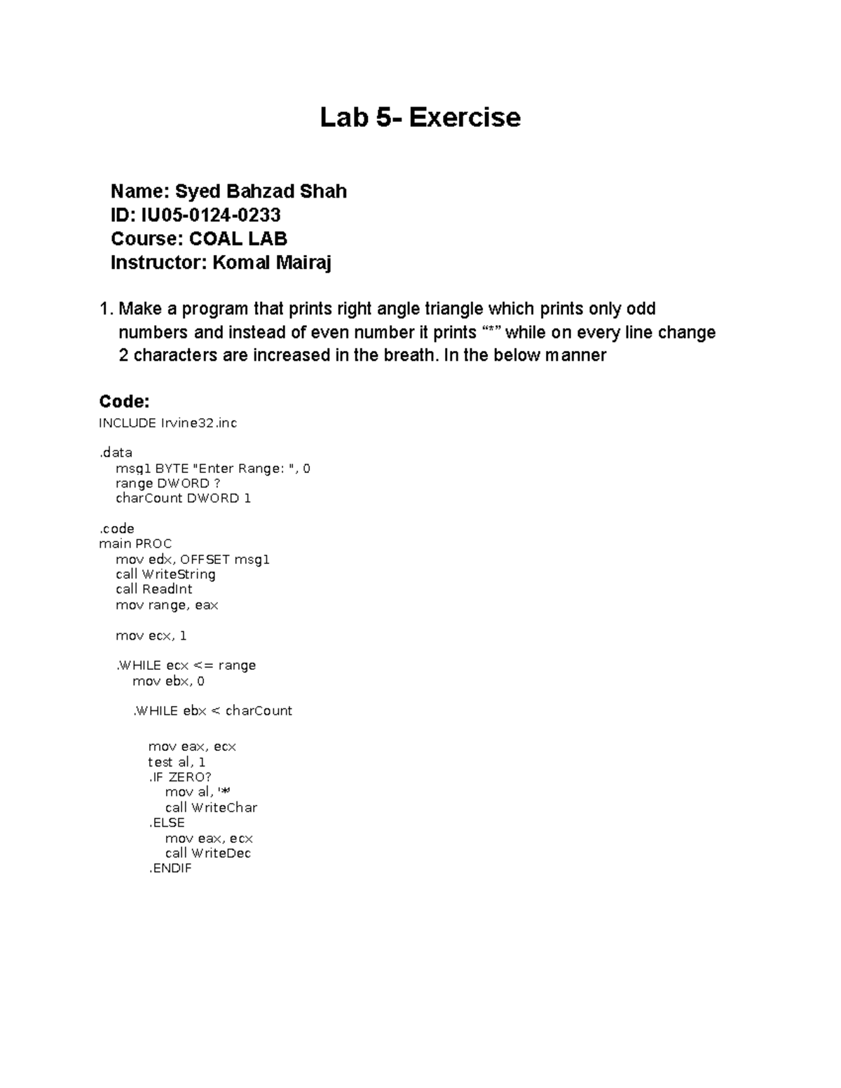 Lab Task 5: Assembly Language Patterns & Prime Numbers (COAL LAB) - Studocu