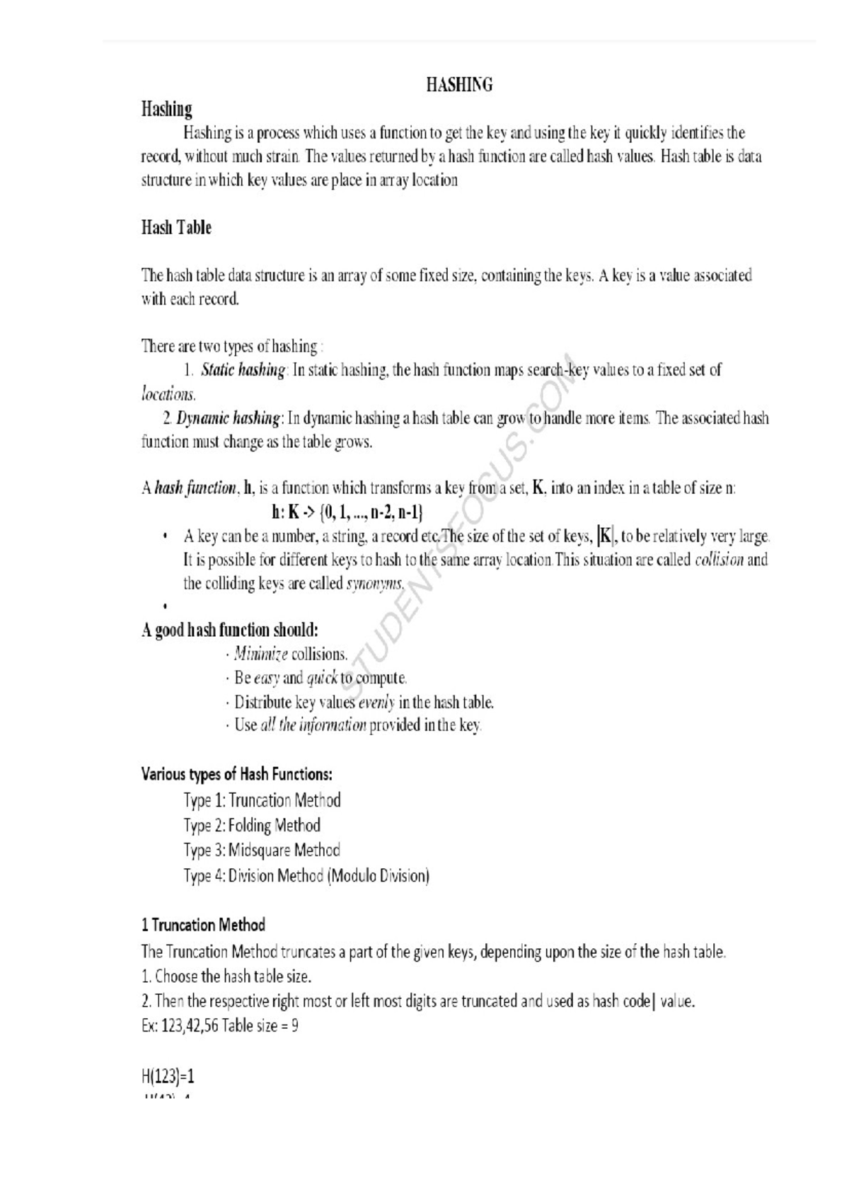 Hashing - DATA STRUCTURES NOTES - HASHING Hashing Hashing is a process ...