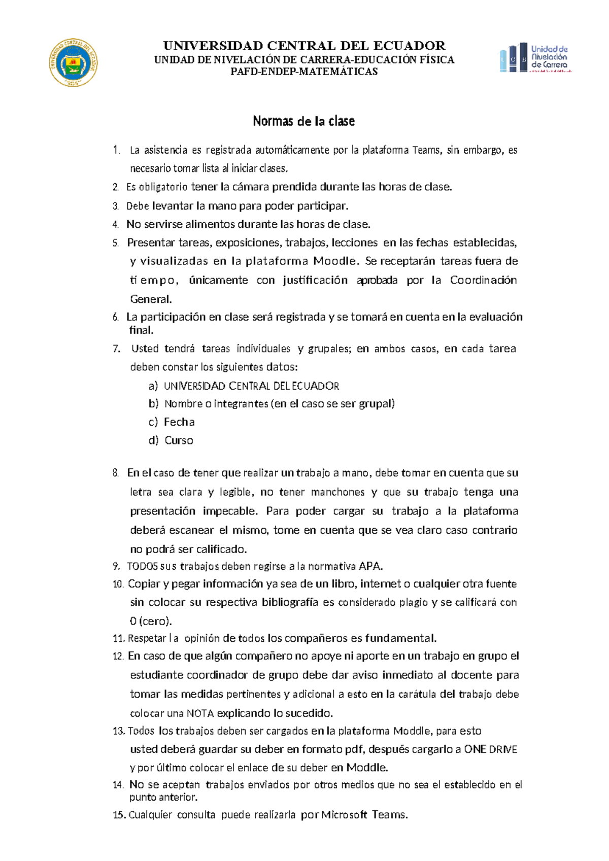 Normas de Clase - PAFD-ENDEP-MATEMÁTICAS - Studocu