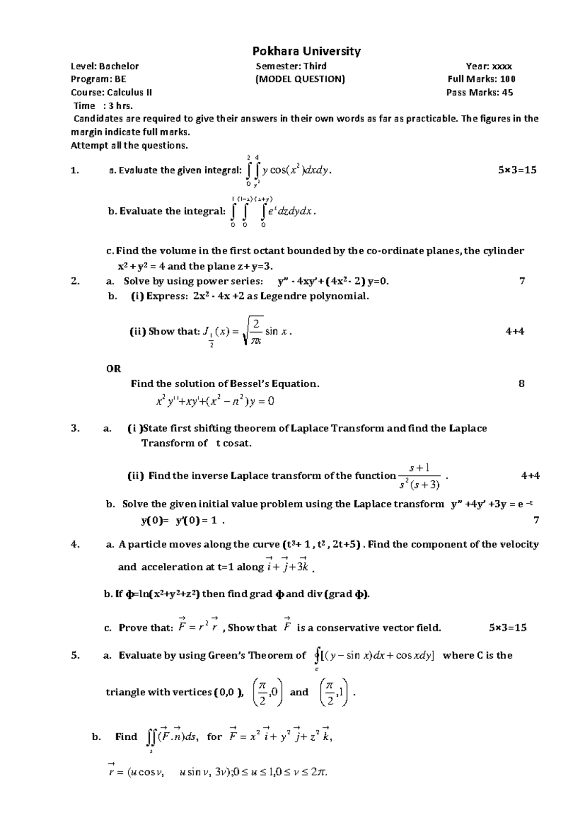 Model Question of Calculus II - Pokhara University Level: Bachelor ...