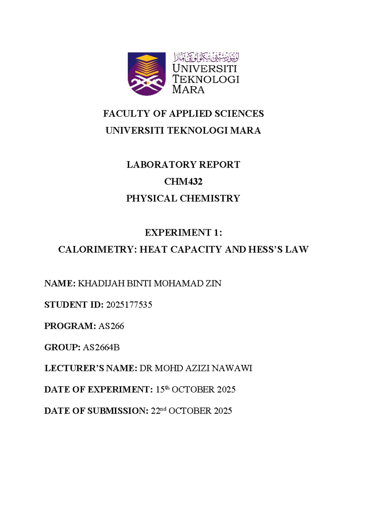 Lab Report 1: CHM432 Calorimetry & Heat Capacity Analysis - Studocu
