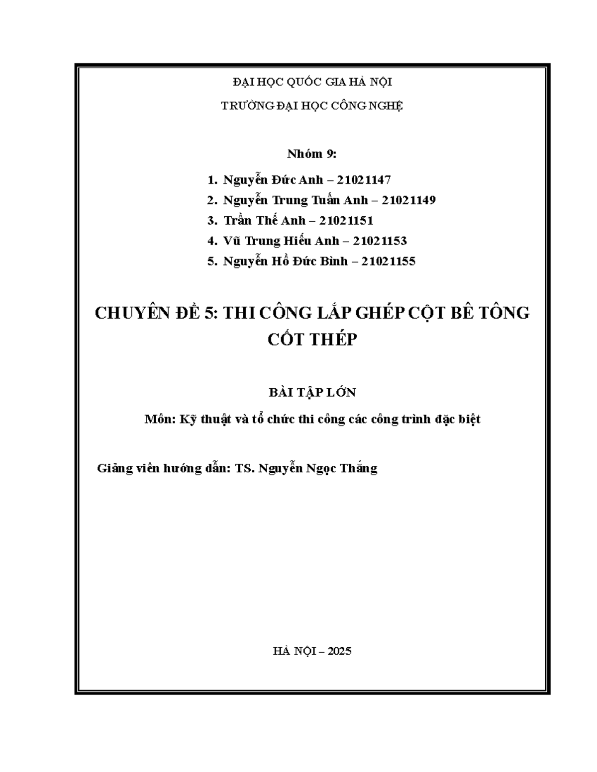 Báo cáo Chuyên Đề 5: Thi Công Lắp Ghép Cột BTCT - Môn Kỹ Thuật và Tổ Chức - Studocu