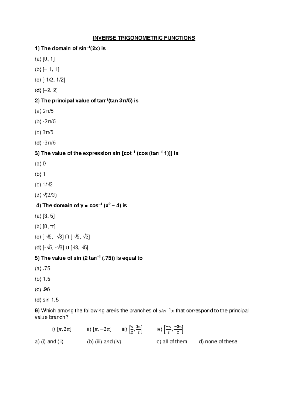 Inverse Trigonometric Functions Practice Worksheet - Studocu