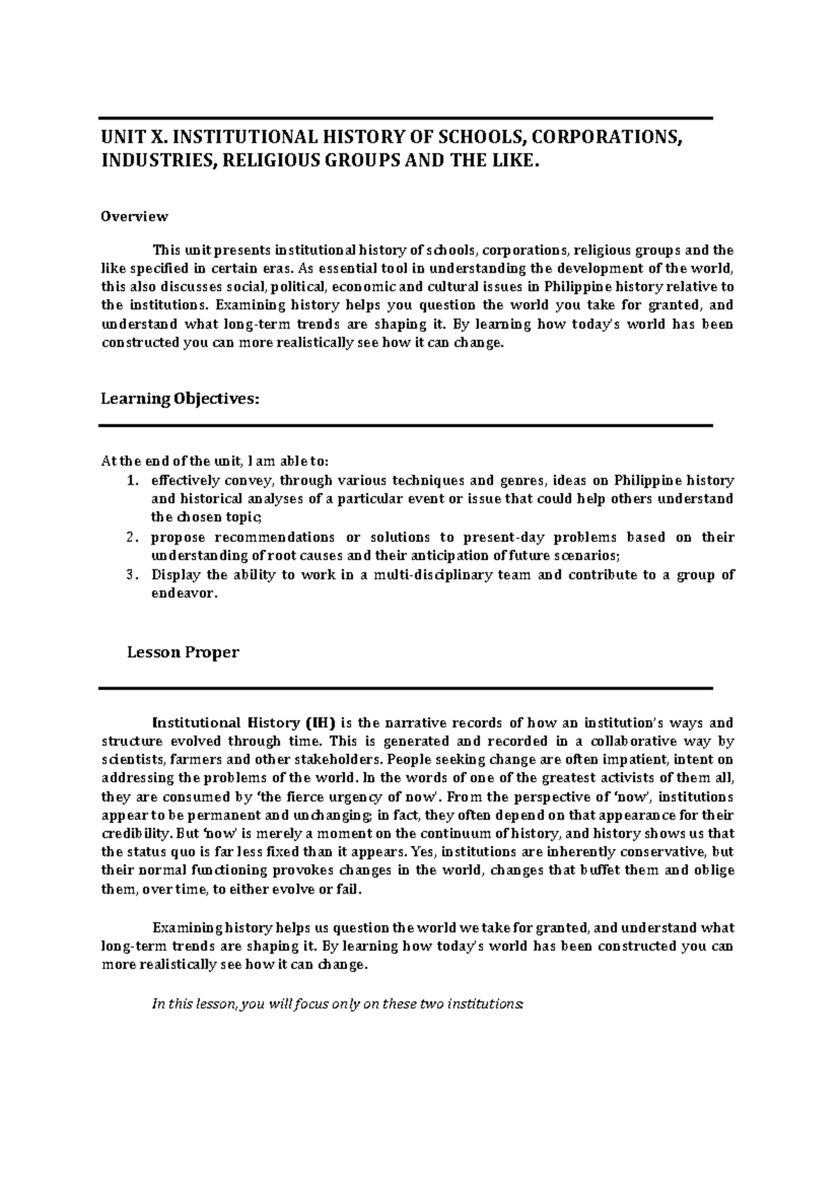 Unit X: Institutional History of Education, Corporations & Religions ...