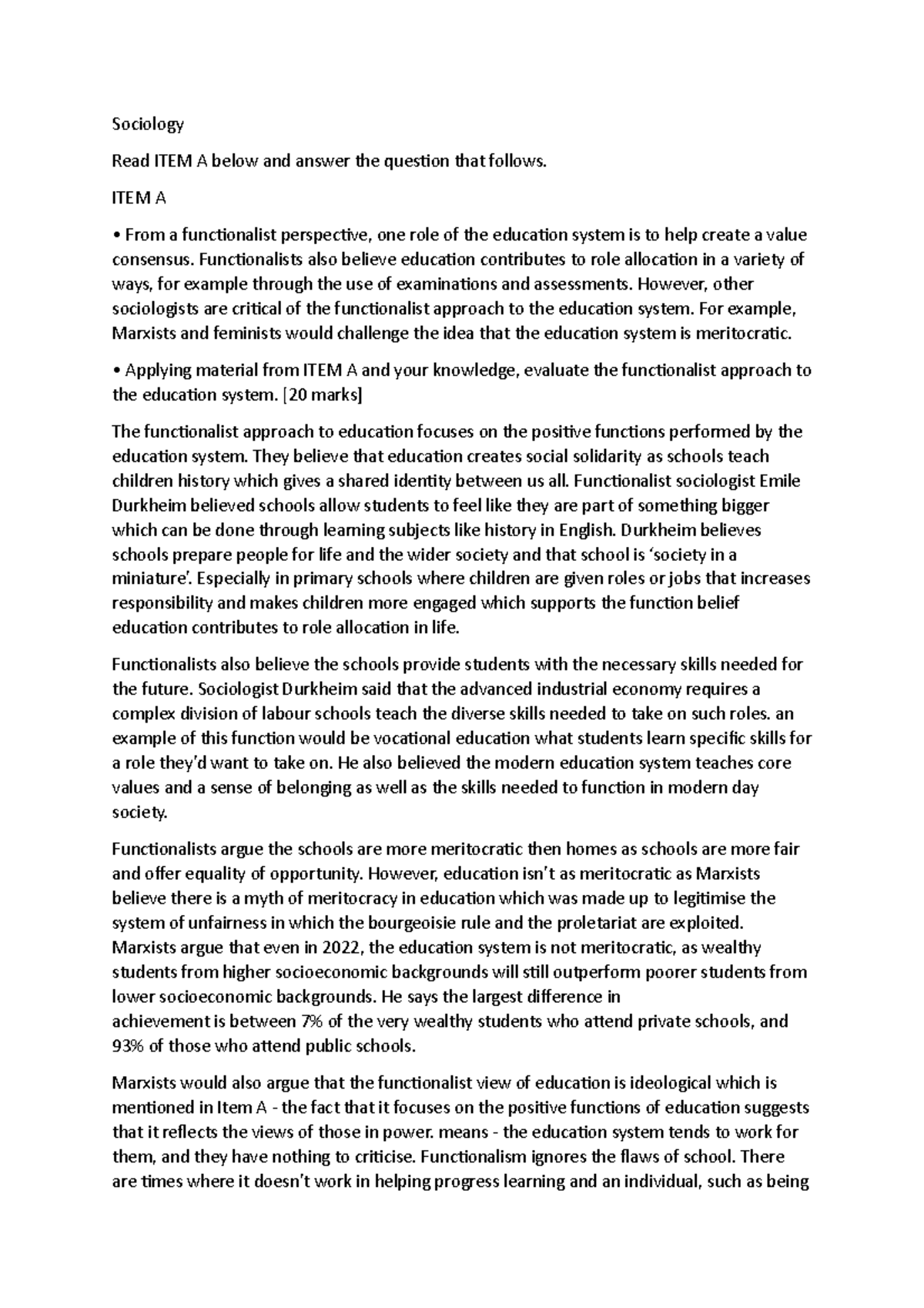 Sociology 20 Mark Evaluation of Functionalist Approach to Education ...