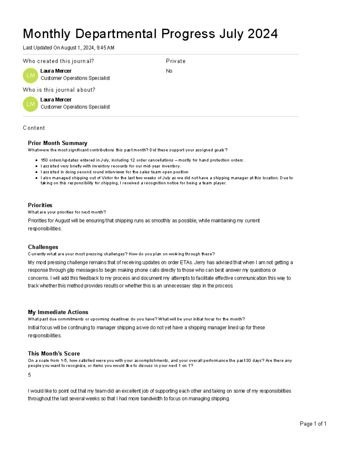 Monthly Progress Report: July 2024 - Laura Mercer, Customer Ops ...