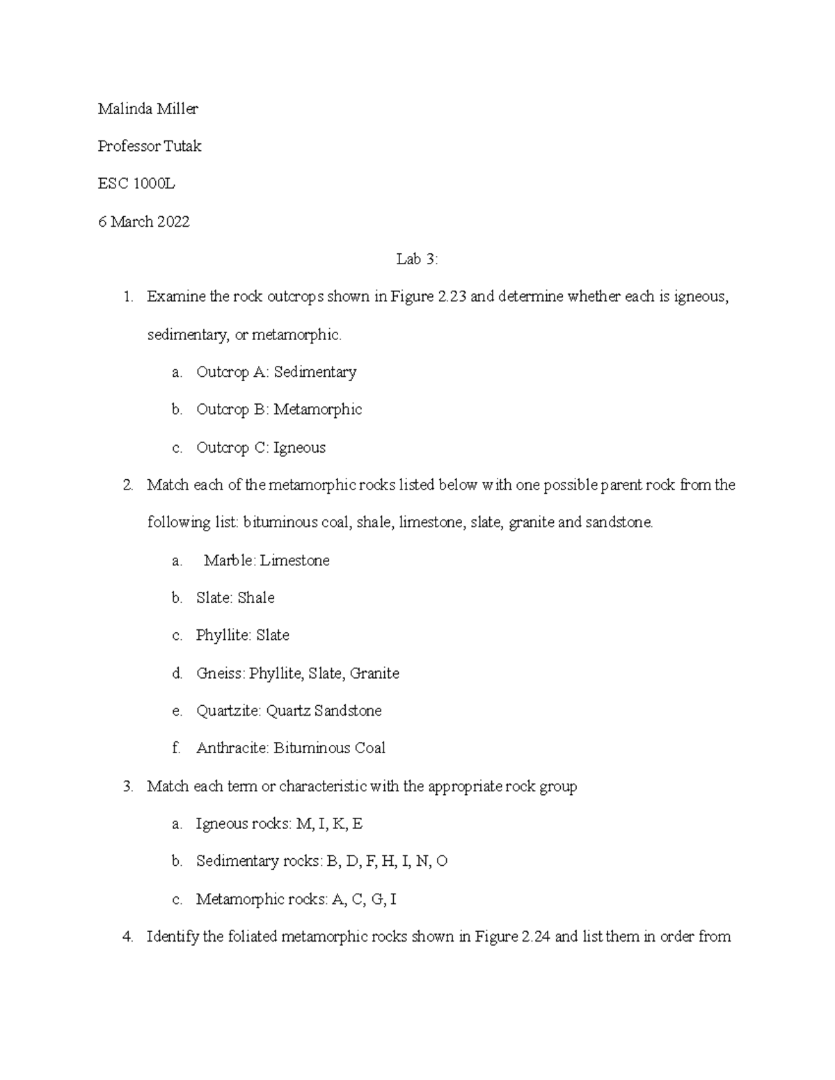 ESC 1000L Lab 3: Rocks and the Rock Cycle Notes and Exercises - Studocu