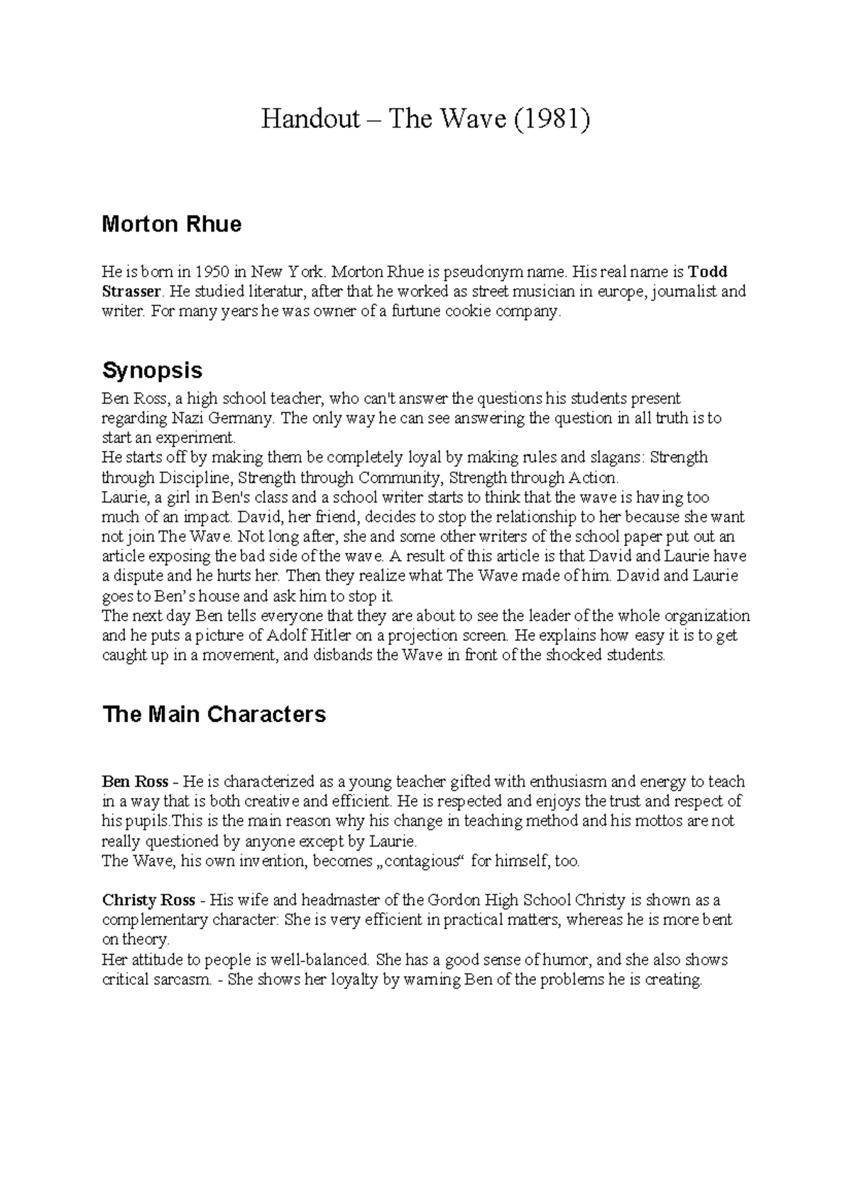 The Wave (1981) - Detailed Handout & Character Analysis - Studocu