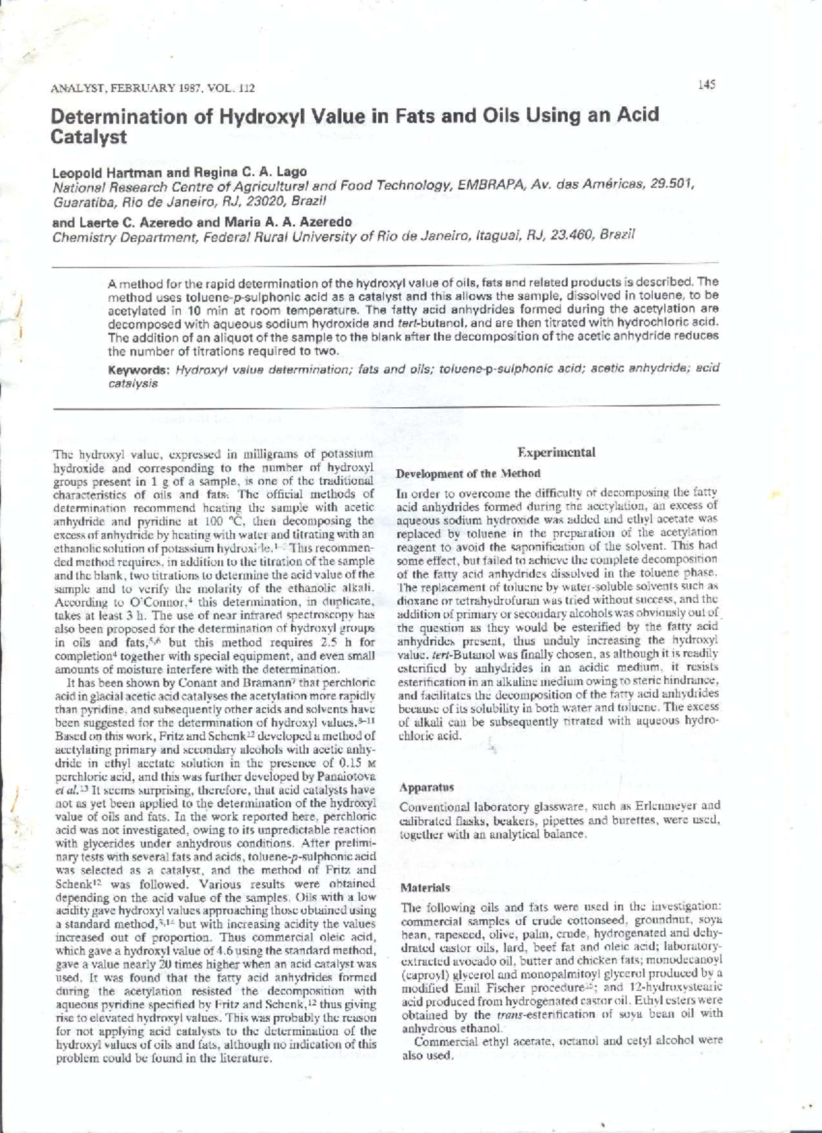Determination of Hydroxyl Value in Fats and Oils: Method Overview - Studocu